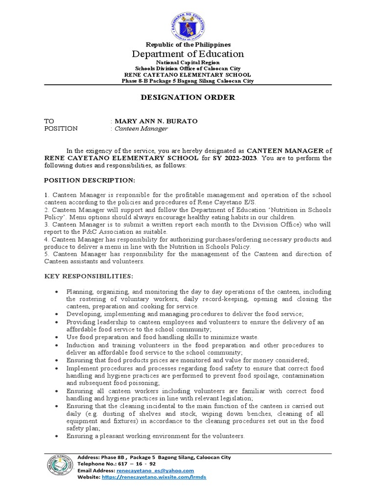Canteen Manager Designation Order | PDF | Foods | Food And Drink