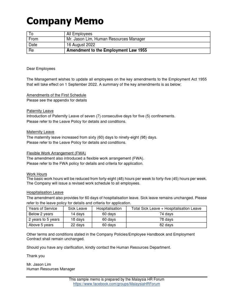 Employment Act 1955 Amendments Memo | PDF | Employment | Parental Leave