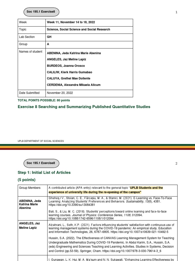 Exercise 8 Summarizing Quantitative Studies-1 | PDF | Survey ...