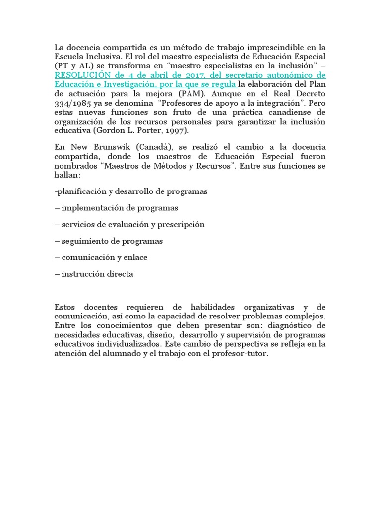 Docencia Compartida | PDF | Método de enseñanza | Educación especial