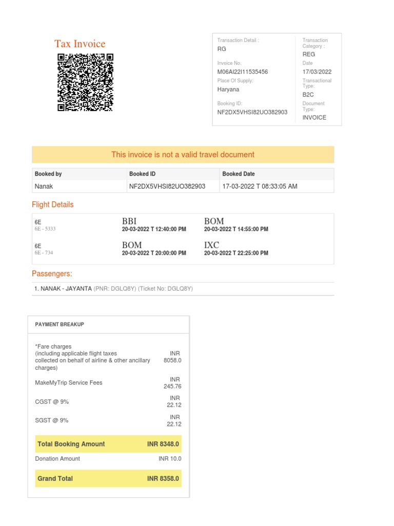Flight Booking Invoice MMT | PDF | Payments | Economies Flight Booking Invoice MMT | PDF | Payments | Economies