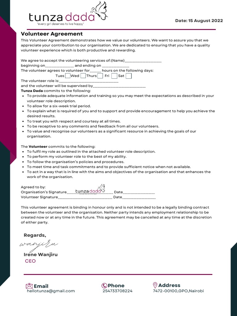 Volunteer Agreement | PDF | Volunteering | Business