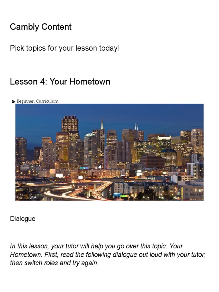 Lesson 4 - Your Hometown - Cambly Content | PDF