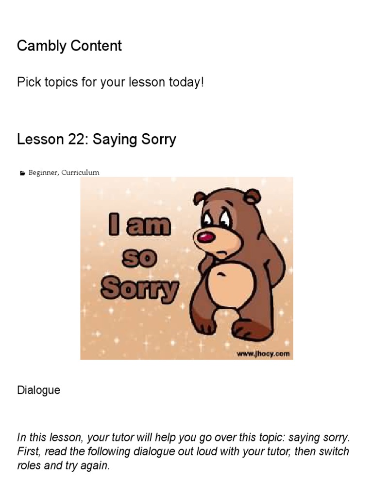 Lesson 22 - Saying Sorry - Cambly Content | PDF