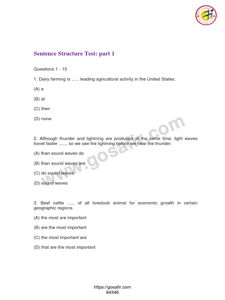 Sentence Structure Test Part 1 Questions | PDF | Chemical Substances