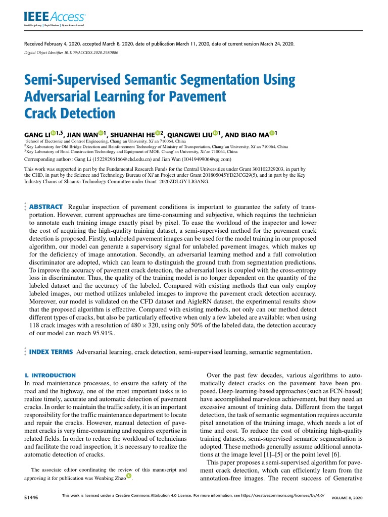 Semi-Supervised Semantic Segmentation Using Adversarial Learning For Pavement Crack Detection ...