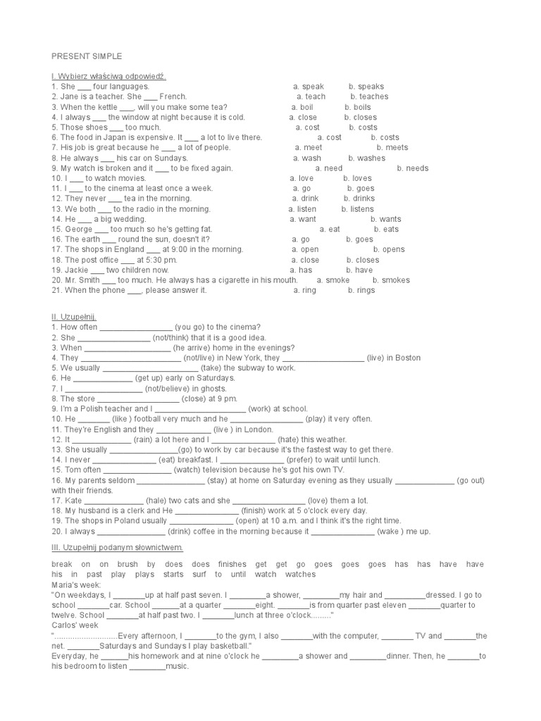 Present Simple Test | PDF | Food And Drink