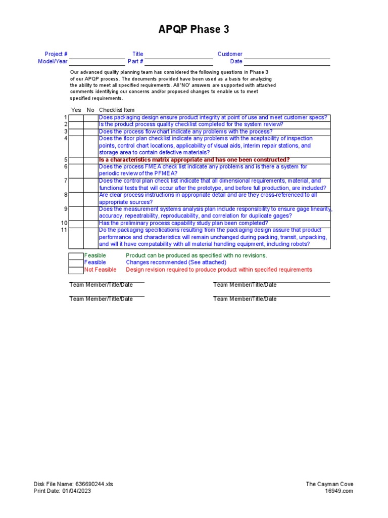 APQP Phase 3: Project # Title Customer Model/Year Part # Date | PDF ...