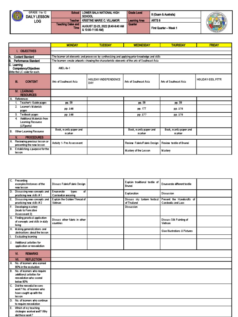 DAILY LESSON LOG - Arts 8-Week 1 | PDF | Learning | Textiles