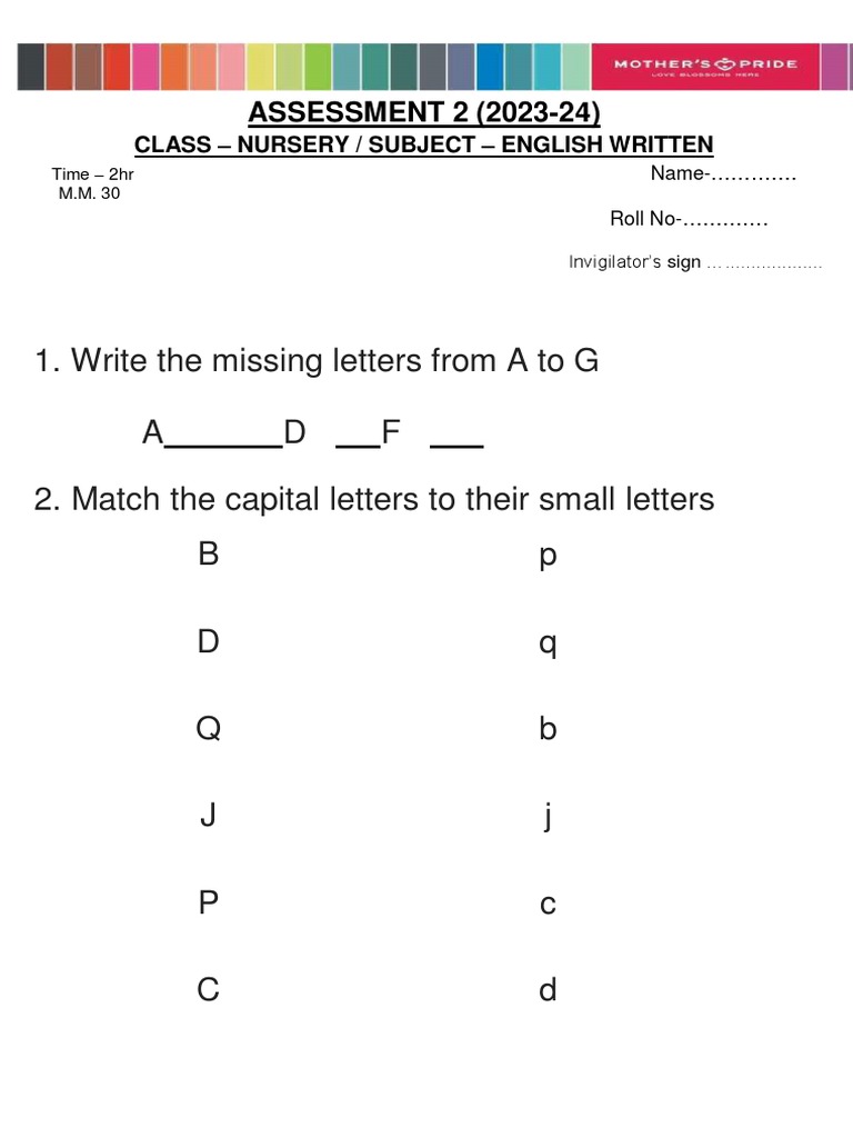 Nursery English Test Paper PDF | PDF | Orthography | Written Communication