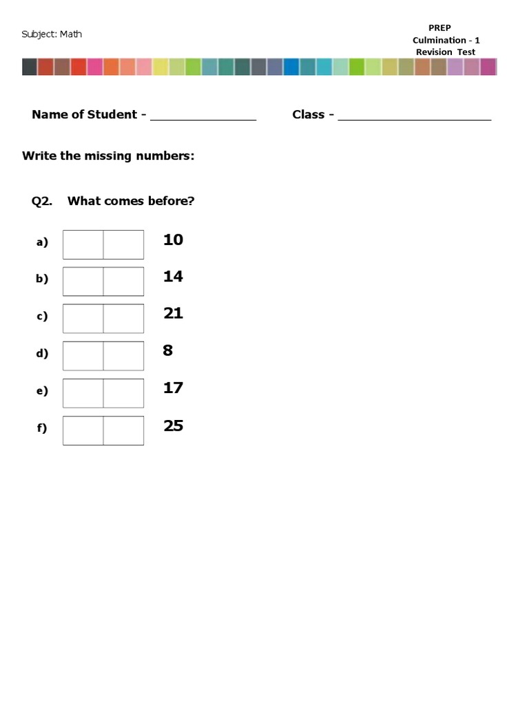 Prep Class Math Revision Worksheet | PDF
