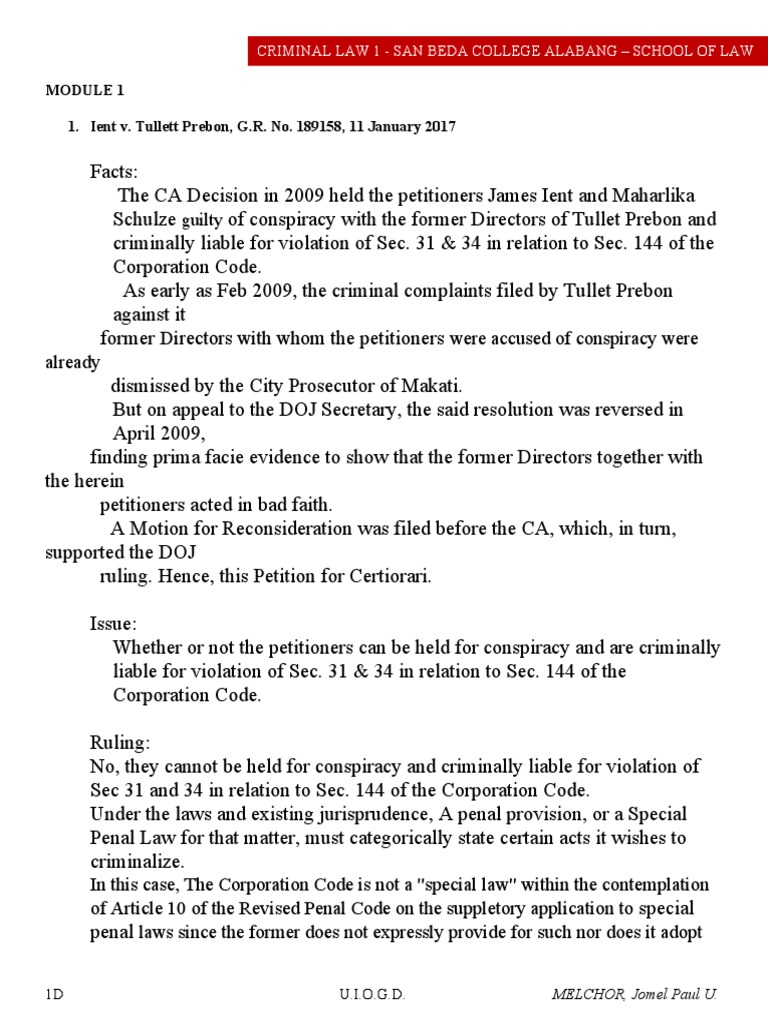 Criminal Law Cases Overview - San Beda Law | PDF | Defamation | Marriage