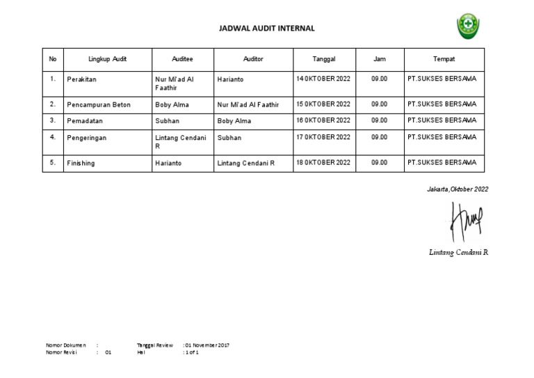 Jadwal Audit Internal Oktober 2022 | PDF