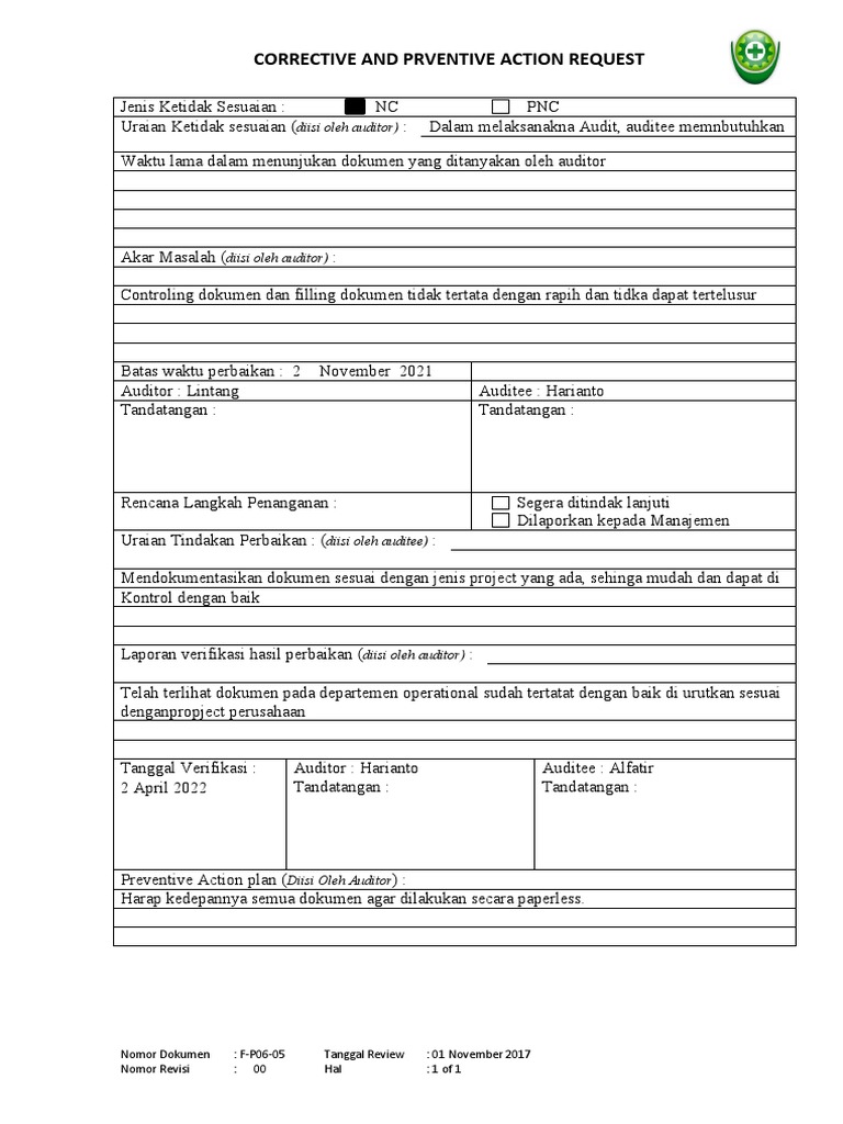 Form Corrective Action Request (CAR) | PDF