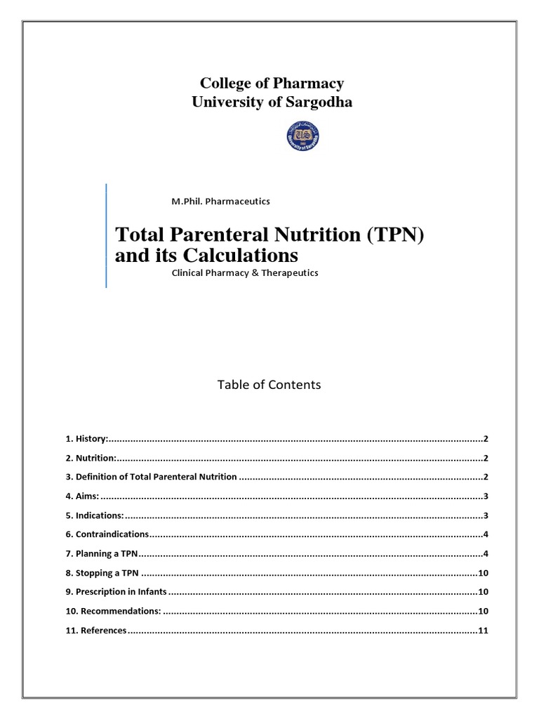 Total Parenteral Nutrition | PDF | Nutrients | Human Nutrition