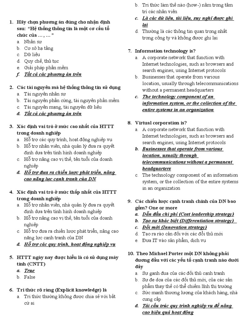 Trắc nghiệm HTTT 1 1 | PDF