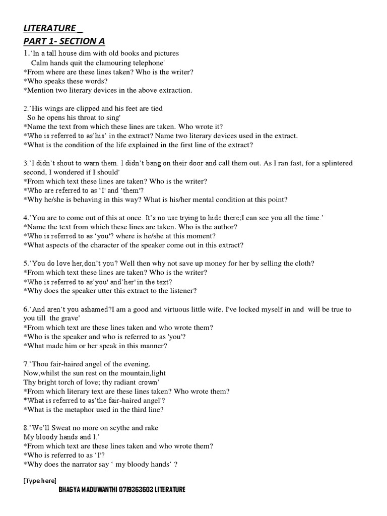 O - L Literature - Context Questions Bank New | PDF