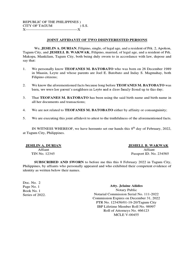 2 - Affidavit of Two Disinterested Persons | PDF