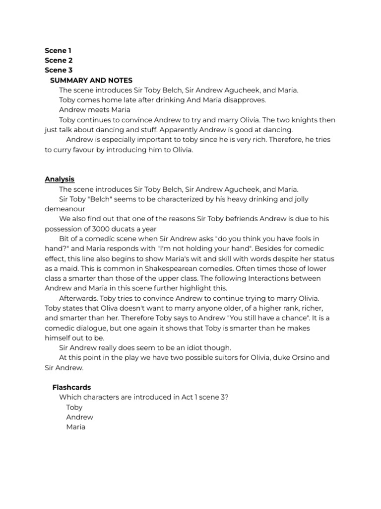 Twelfth Night All Notes - Act Wise | PDF