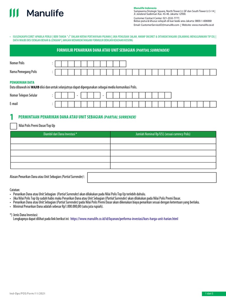 Formulir Penarikan Dana Sebagian (Partial Surrender) | PDF