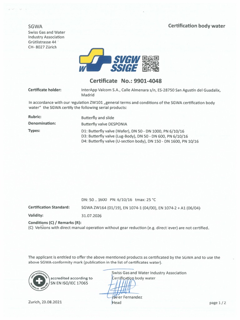 SVGW Certificate 2021 English | PDF