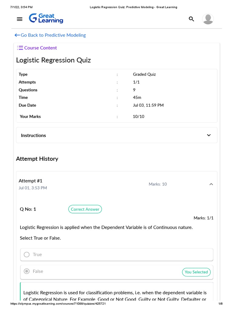 Logistic Regression Quiz - Predictive Modeling - Great Learning | PDF | Logistic Regression ...