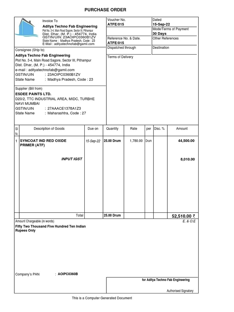 Purchase order for red oxide primer | PDF | Service Industries | Accounting