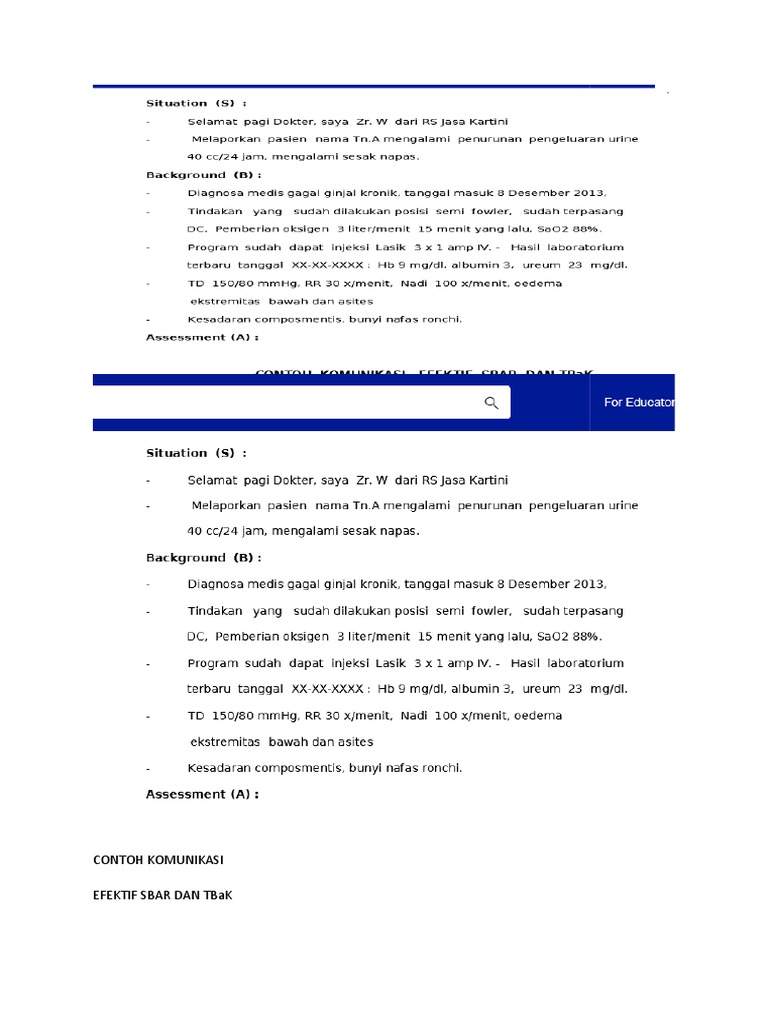 CONTOH SBAR Dan TBAK | PDF