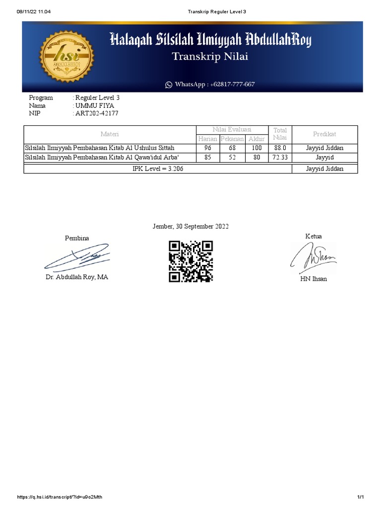 Transkrip Reguler Level 3 HSI Umu Fiya | PDF