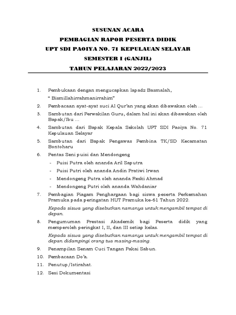 Susunan Acara Pembagian Rapor | PDF