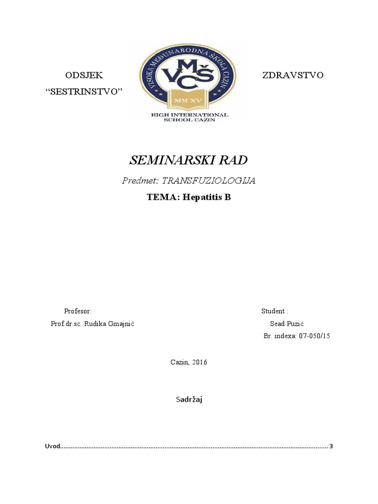 Seminarski Rad Hepatitis B | PDF