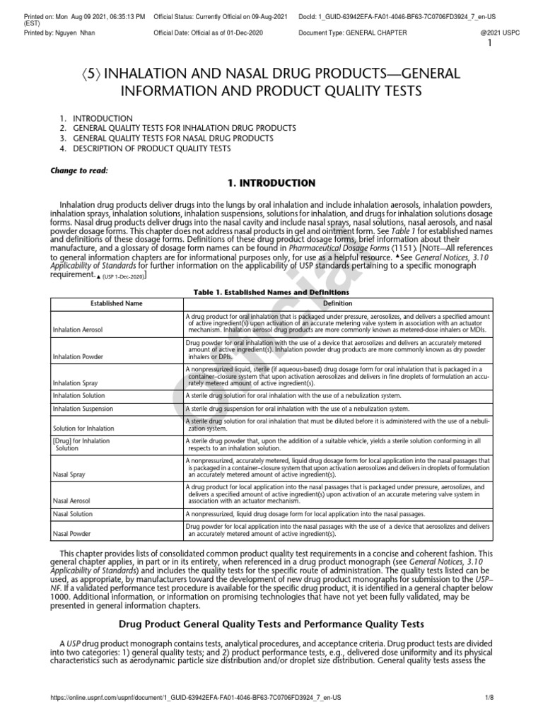 〈5〉 Inhalation and Nasal Drug Products-General Information and Product ...