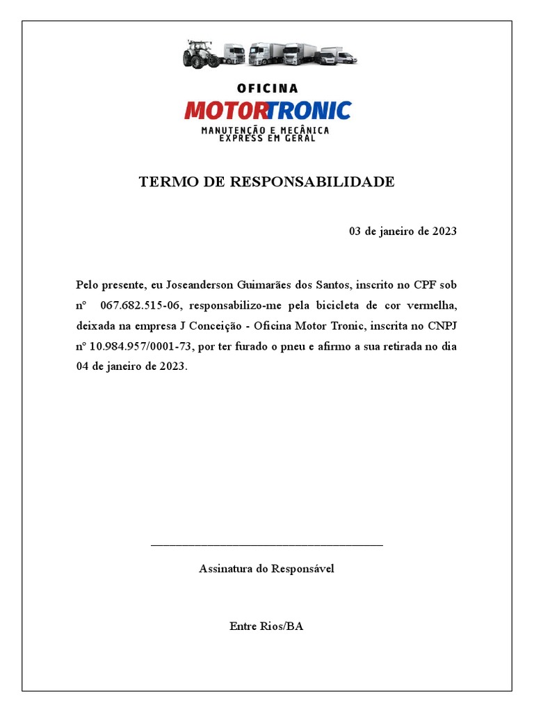 Termo De Responsabilidade Moto Fabio Pdf