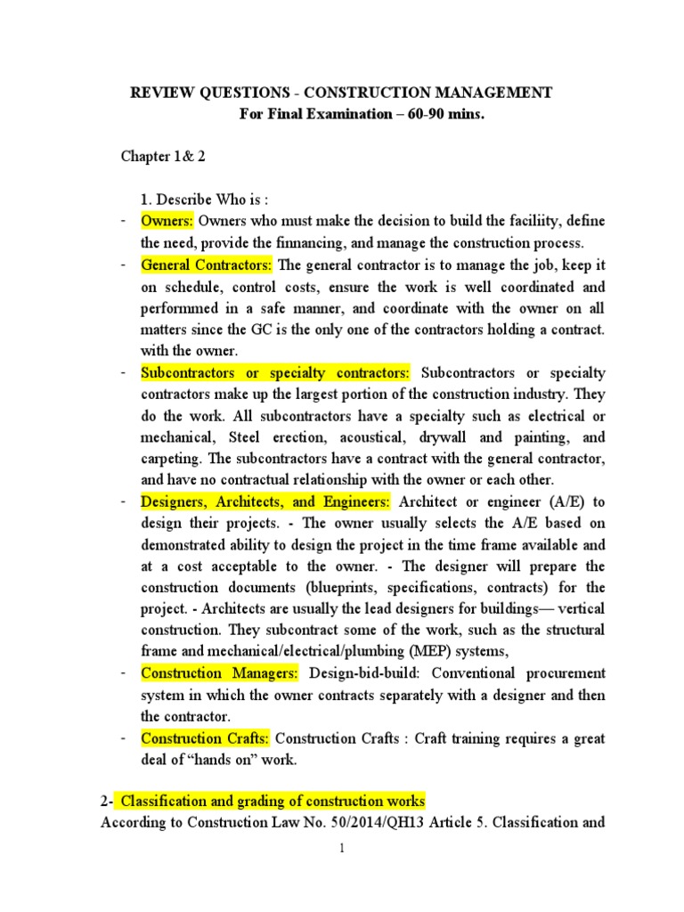 Review Questions and Answers for a Construction Management Final Exam ...