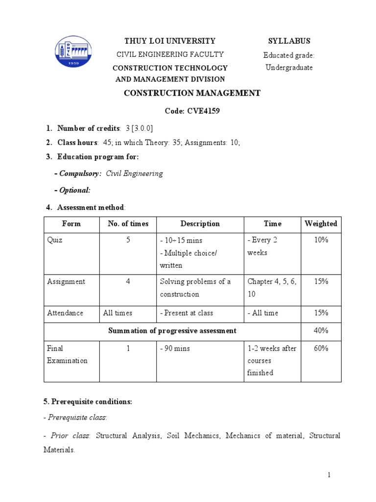 Construction Management Syllabus - E | PDF | Lecturer | Learning
