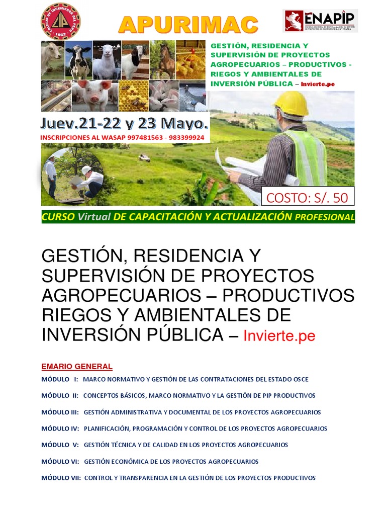 Curso VIRTUAL Residencia Supervision PIPs Productivos y Ambientales Apu 2020 | PDF