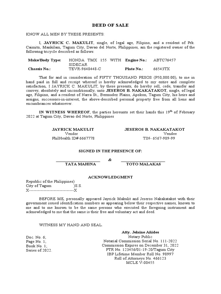 Deed of Sale (Personal Property) | PDF | Civil Law (Legal System ...