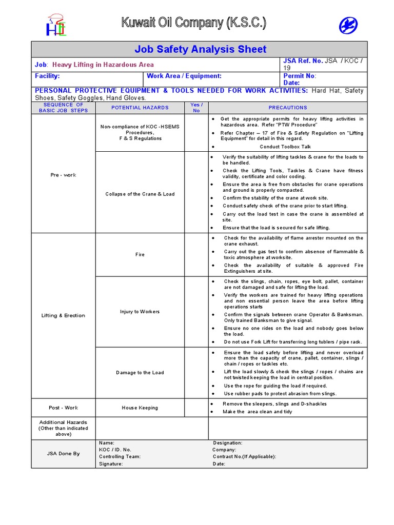 Heavy Lifting JSA in Hazardous Areas | PDF | Crane (Machine ...
