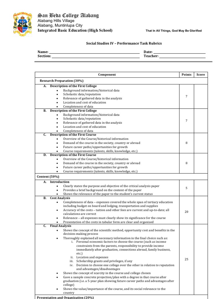 SS IV - 1Q Performance Task Rubrics | PDF