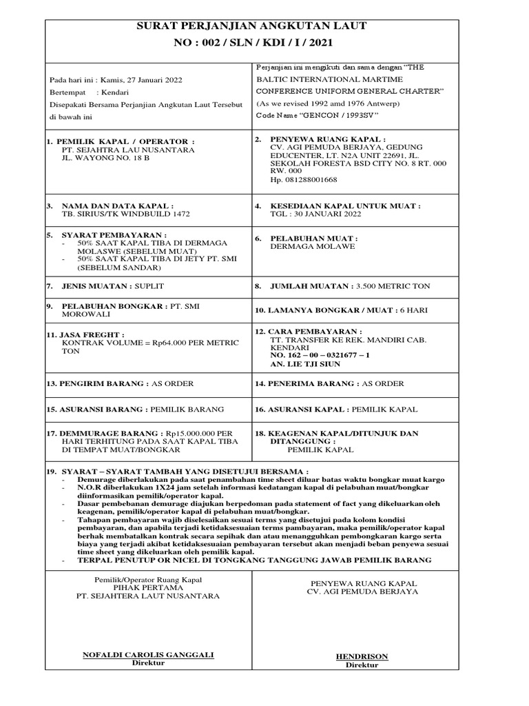 Surat Perjanjian Angkutan Laut | PDF