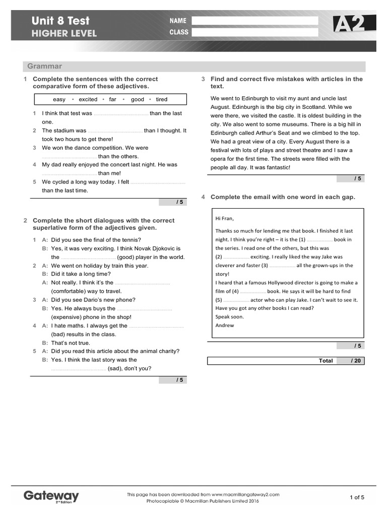 A2 English Class Unit 8 Test | PDF | Coffeehouse