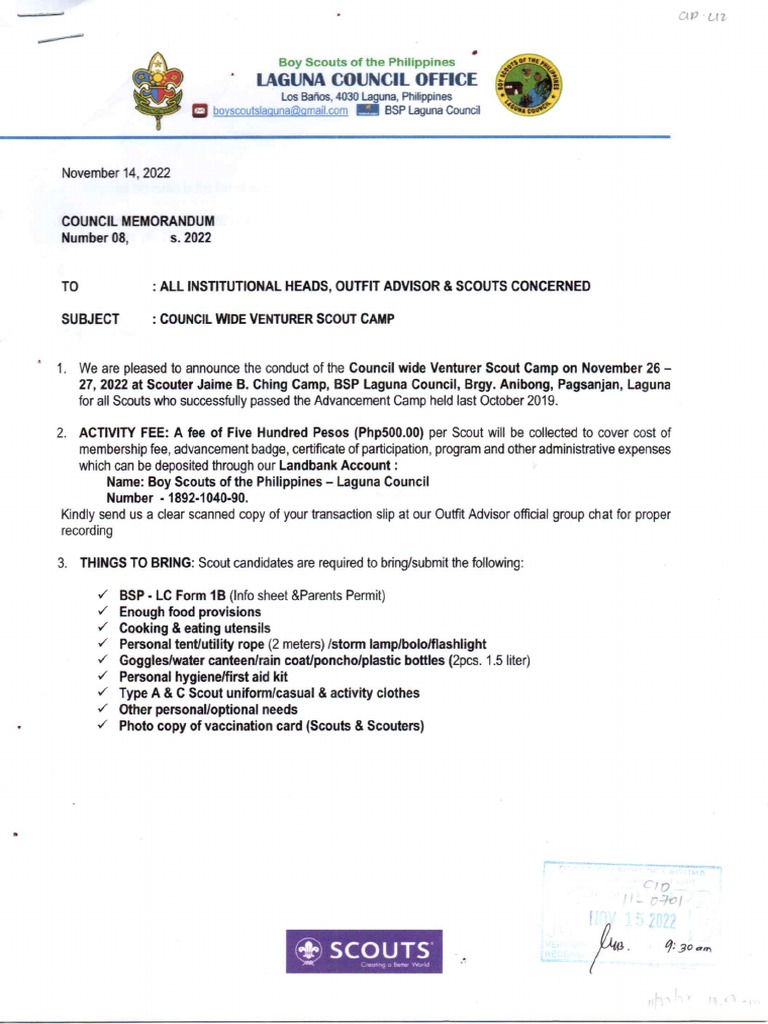 Approved Memo No. 8 Council Wide Venturer Scout Camp Sdo Laguna | PDF