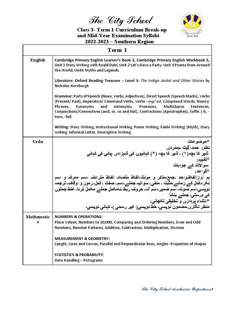 Class 3 Term 1 Curriculum Break Up and MYE Syallabi SR | PDF | Verb ...