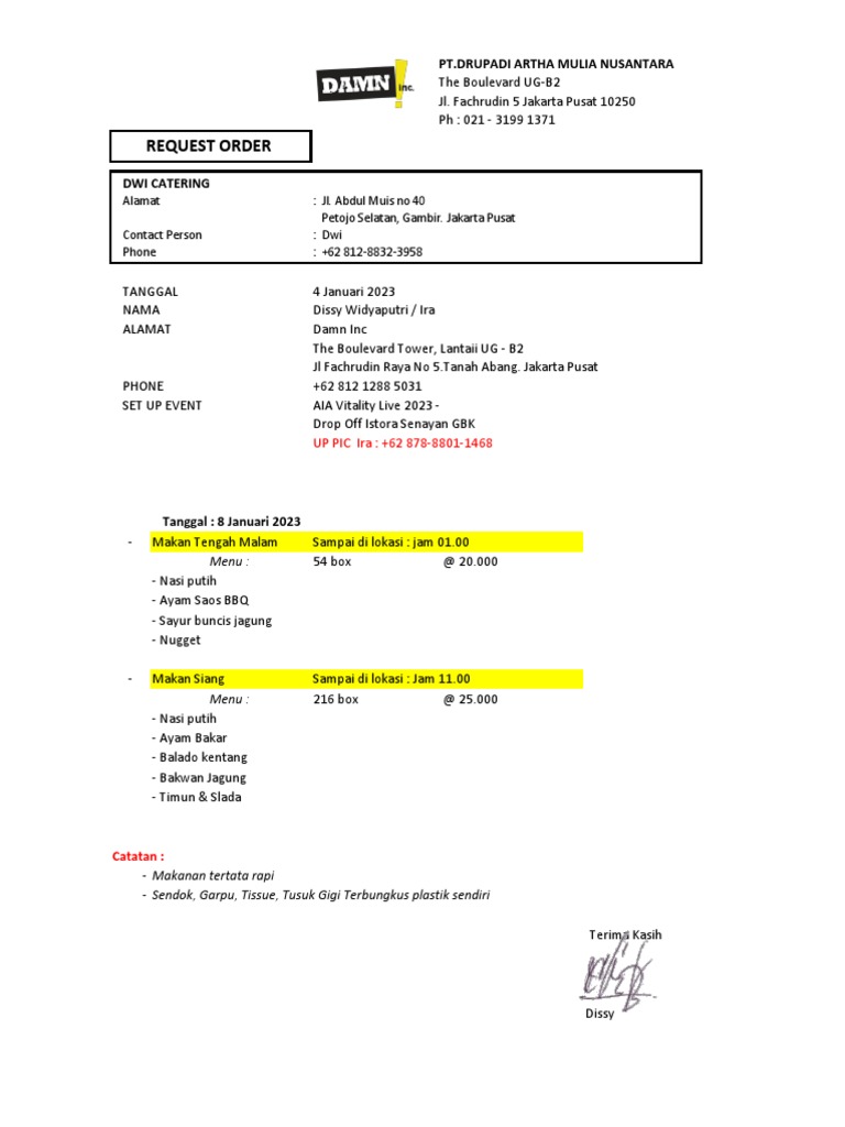 Request Order Meals Dwi Catering - Aia Vitality 2023 Istora | PDF