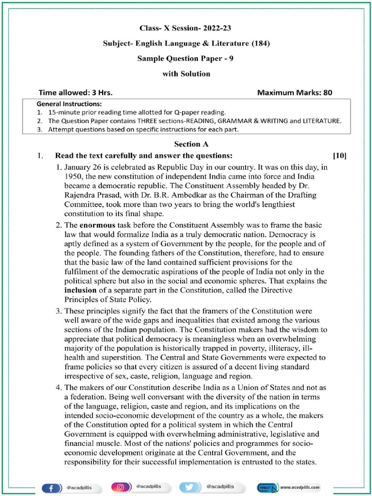 English Sample Paper 9 | PDF
