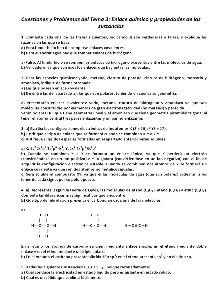 Cuestiones y Problemas Del Tema 3: Enlace Químico y Propiedades de Las Sustancias | Descargar ...