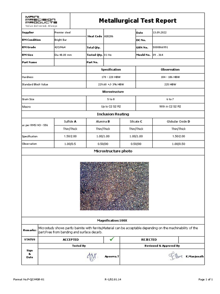 Metallurgical Test Report: Specification Observation | PDF | Materials ...
