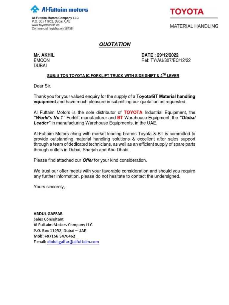 Toyota Quote | Download Free PDF | Forklift | Automotive Technologies