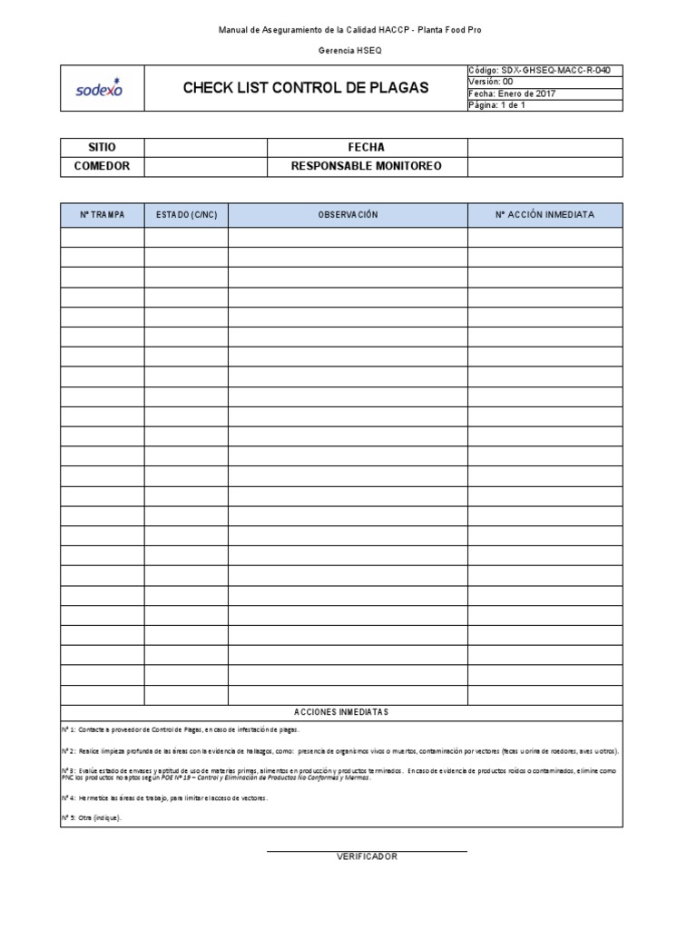 SDX-GHSEQ-MACC-R-040 Check List Control de Plagas | PDF