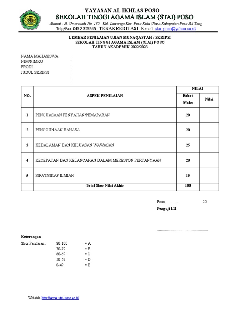 Salinan LEMBAR PENILAIAN UJIAN PROPOSAL, KOMPRE DAN SKRIPSI STAI POSO 2021 | PDF